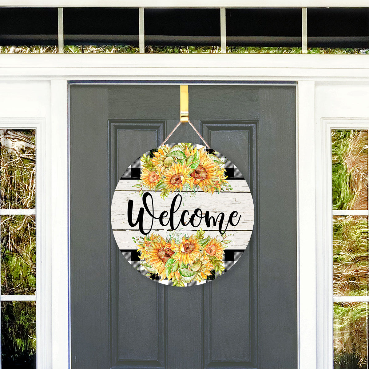 Welcome Sign with Buffalo Plaid and Sunflowers 12 Inch Round Door Hang ...